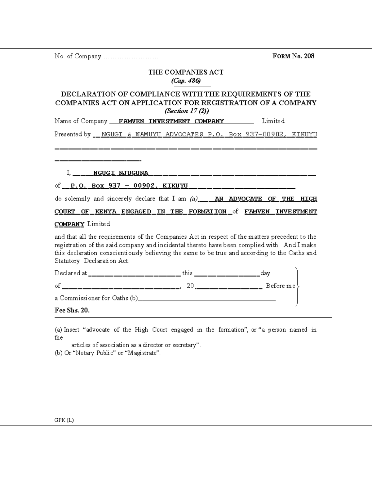 FORM 208 - sample pleadings - No. of Company ...