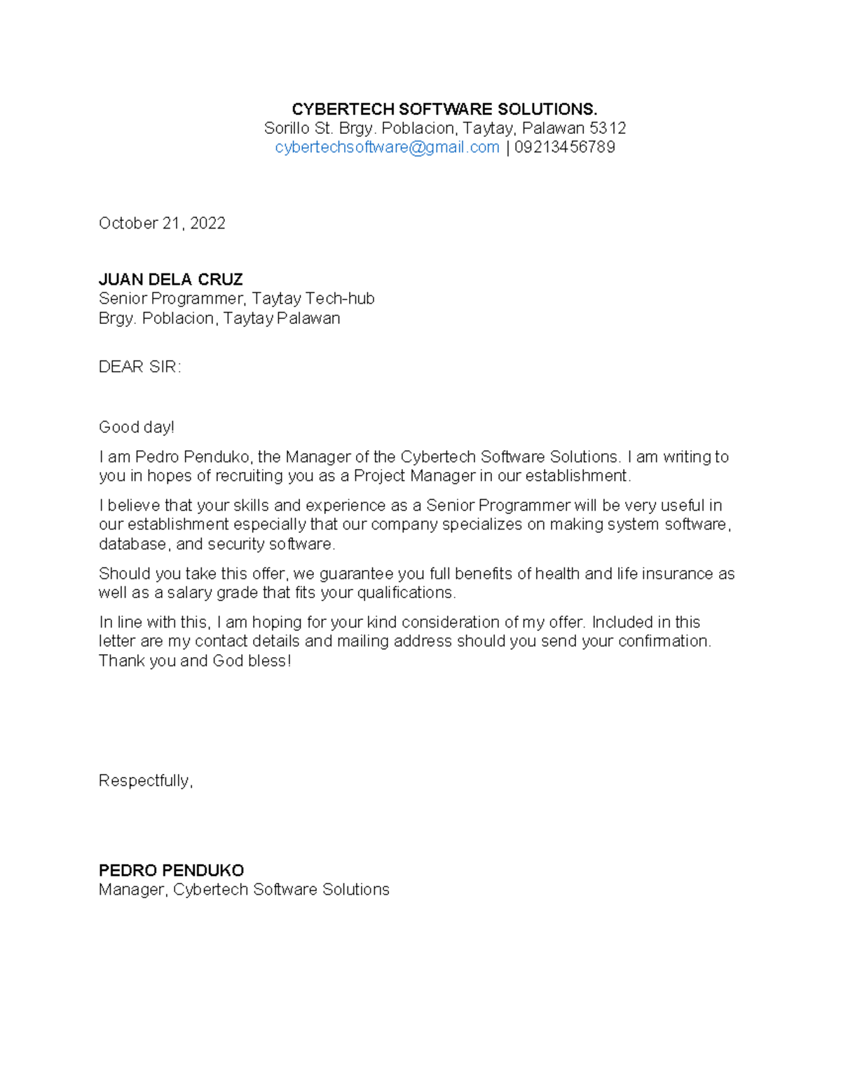 Sample-Business-Letter - CYBERTECH SOFTWARE SOLUTIONS. Sorillo St. Brgy ...