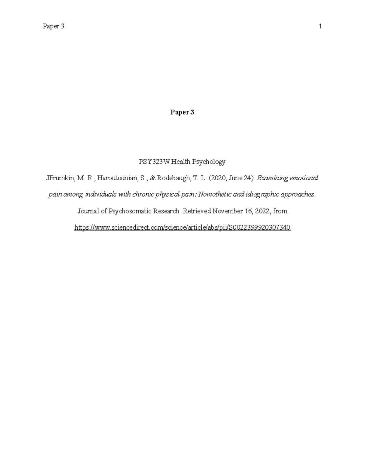 Paper three - Paper 3 PSY323W Health Psychology JFrumkin, M. R ...