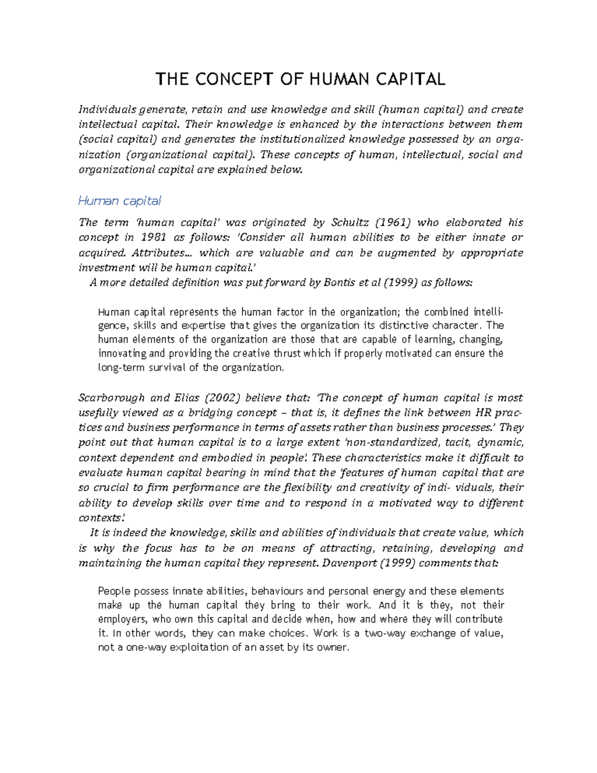 THE Concept OF Human Capital - THE CONCEPT OF HUMAN CAPITAL Individuals ...