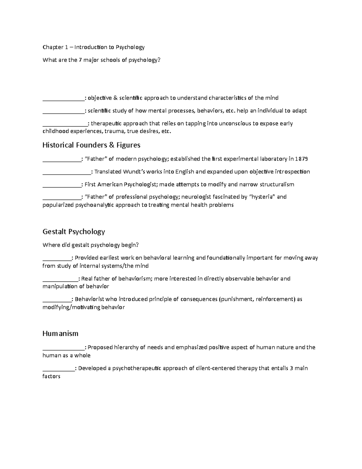 Psych exam 1 review - Chapter 1 – Introduction to Psychology What are ...