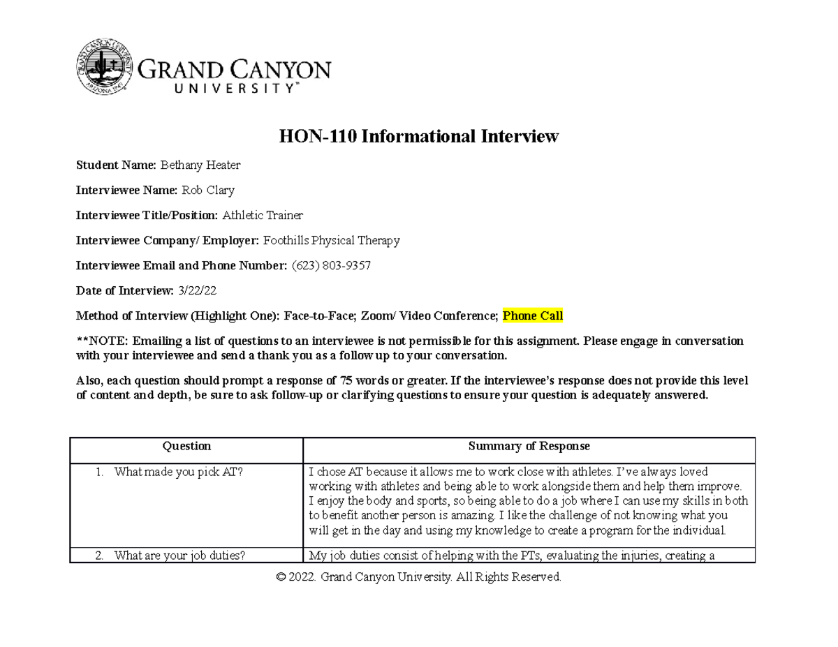HON 110 Informational Interview Worksheet - HON-110 Informational ...