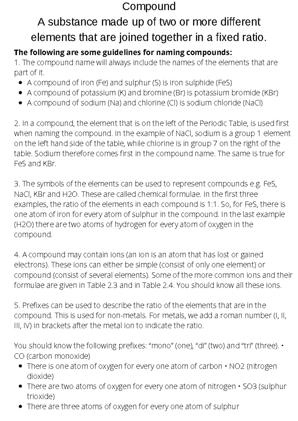 Grade 9 Natural Sciences - Chemistry - Compound A substance made up of ...