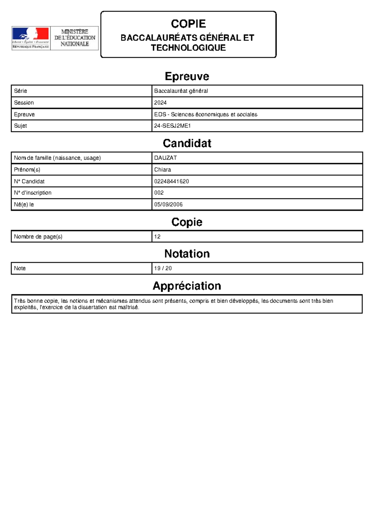 dissertation bac ses - COPIE BACCALAURÉATS GÉNÉRAL ET TECHNOLOGIQUE ...