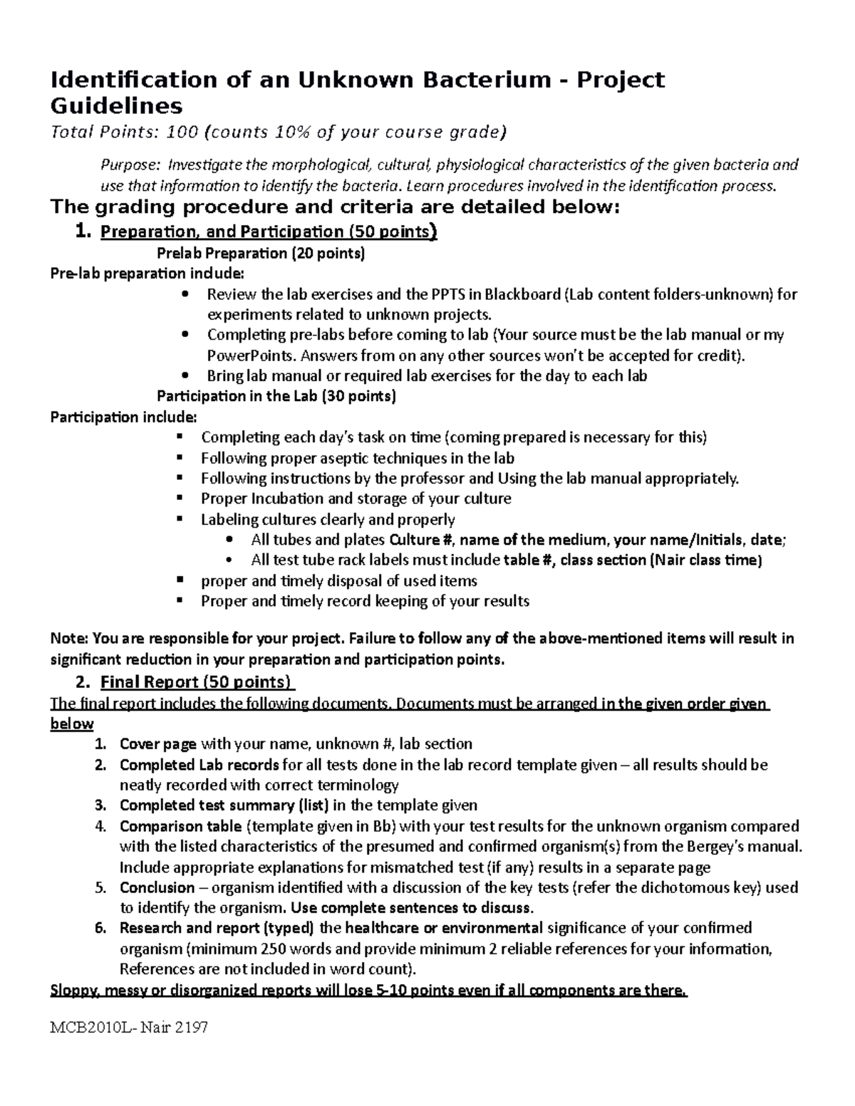 Unknown Project-2197 - Identification of an Unknown Bacterium - Project ...