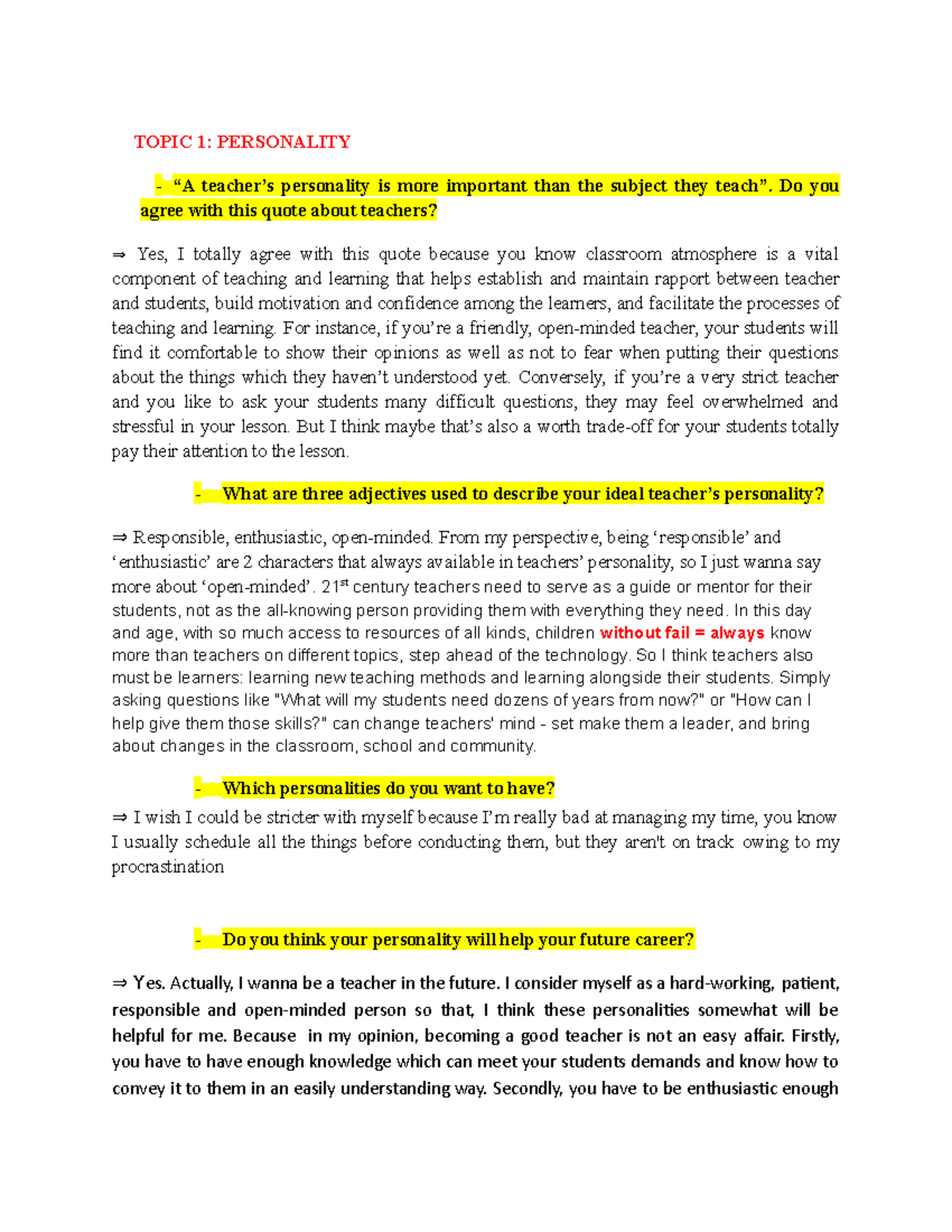 Speaking - TOPIC 1: PERSONALITY “A teacher’s personality is more ...