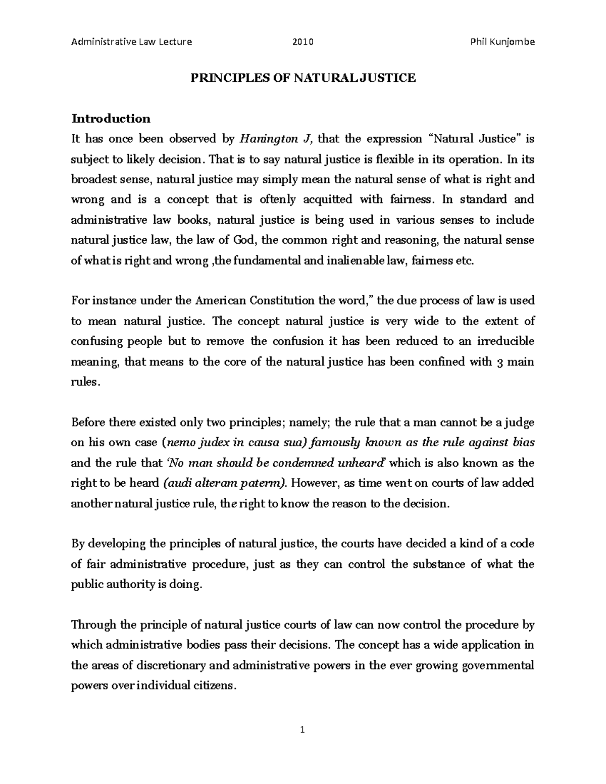 Admin Class Lecture Notes - PRINCIPLES OF NATURAL JUSTICE Introduction ...