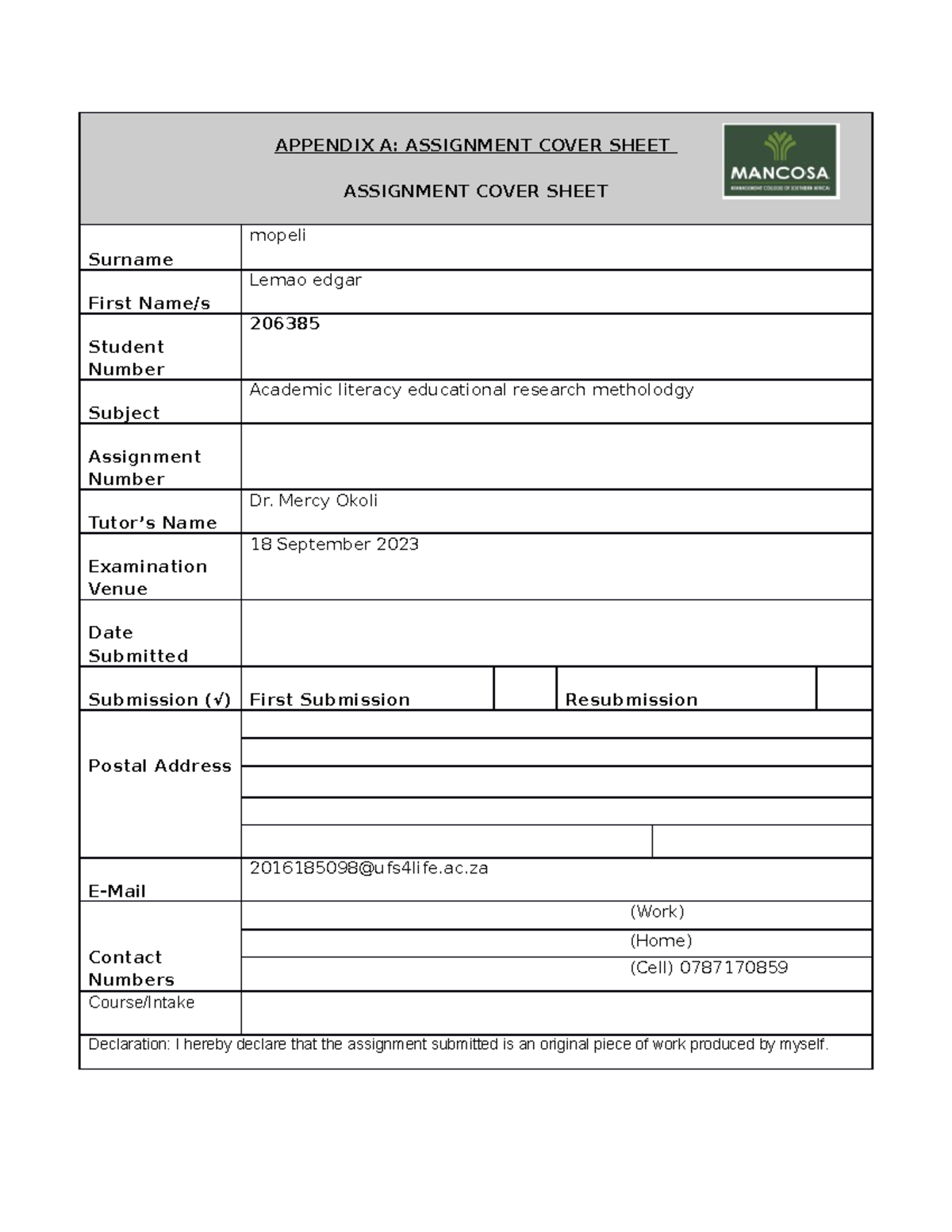 Assignments from colleges - APPENDIX A: ASSIGNMENT COVER SHEET ...