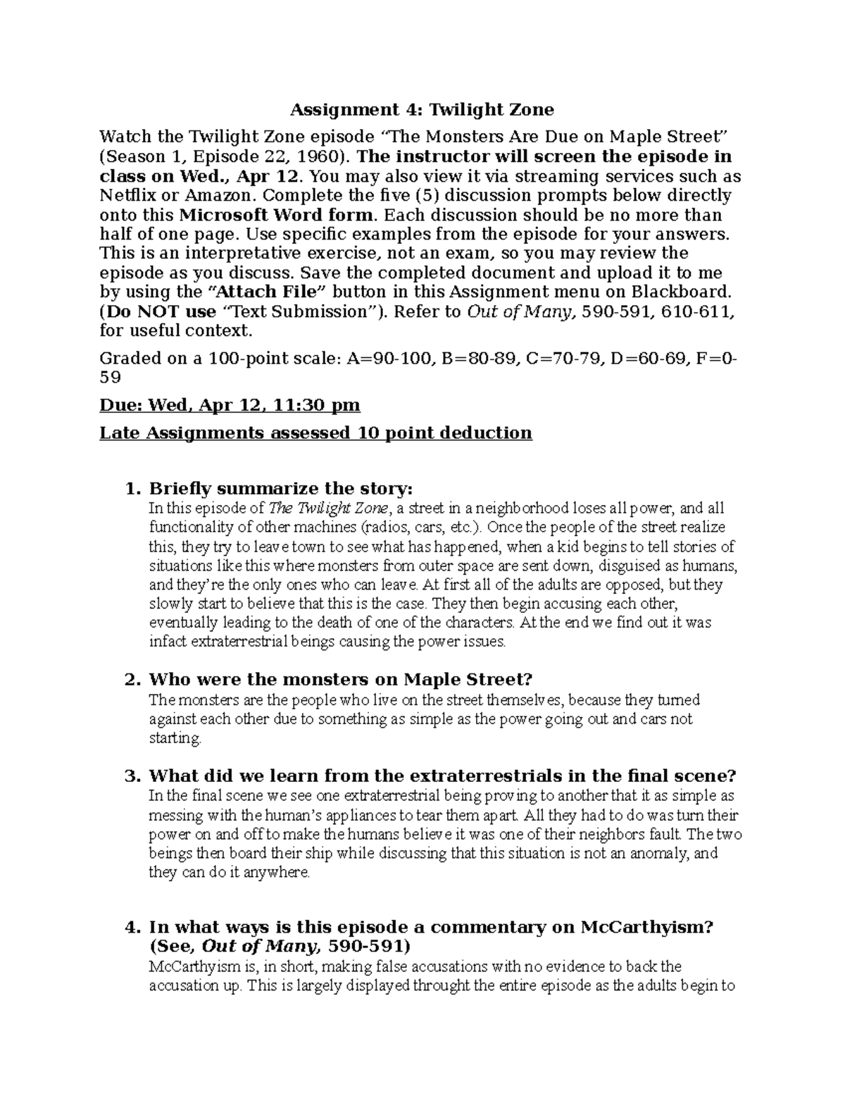 Twilight Zone Assignment - Assignment 4: Twilight Zone Watch the ...