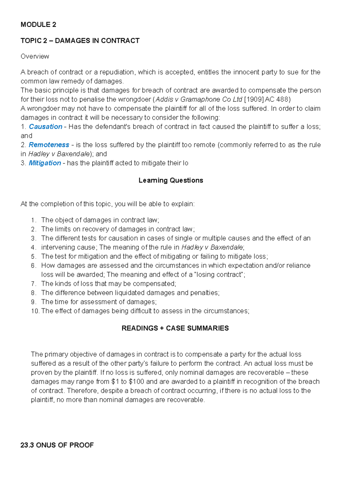 EXAM Notes + Cases : Readings - MODULE 2 TOPIC 2 – DAMAGES IN CONTRACT ...