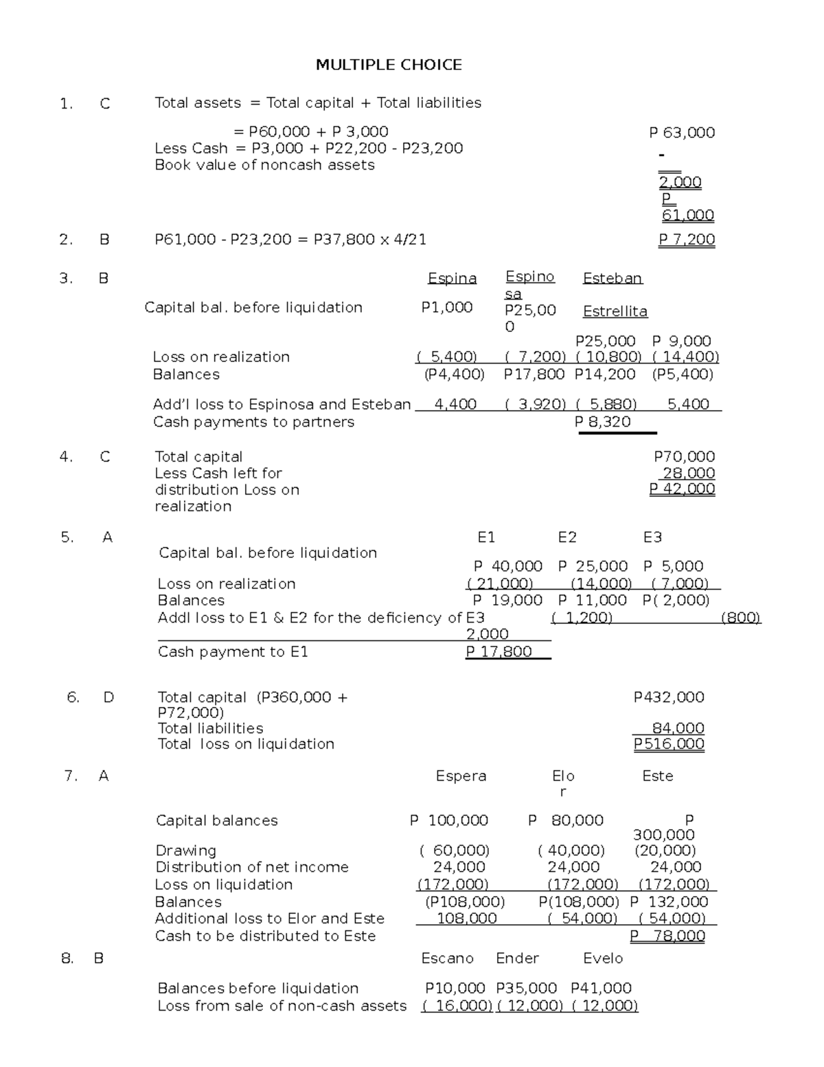 MC Chapter 6&7 - MULTIPLE CHOICE C Total assets = Total capital + Total liabilities = P60,000 ...