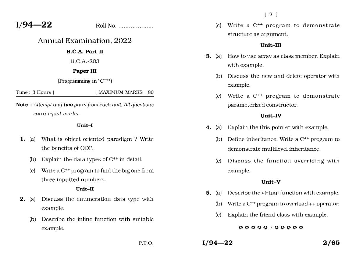 I-94-22 - questions - B.Com - (Programming in ëC++í) - Studocu