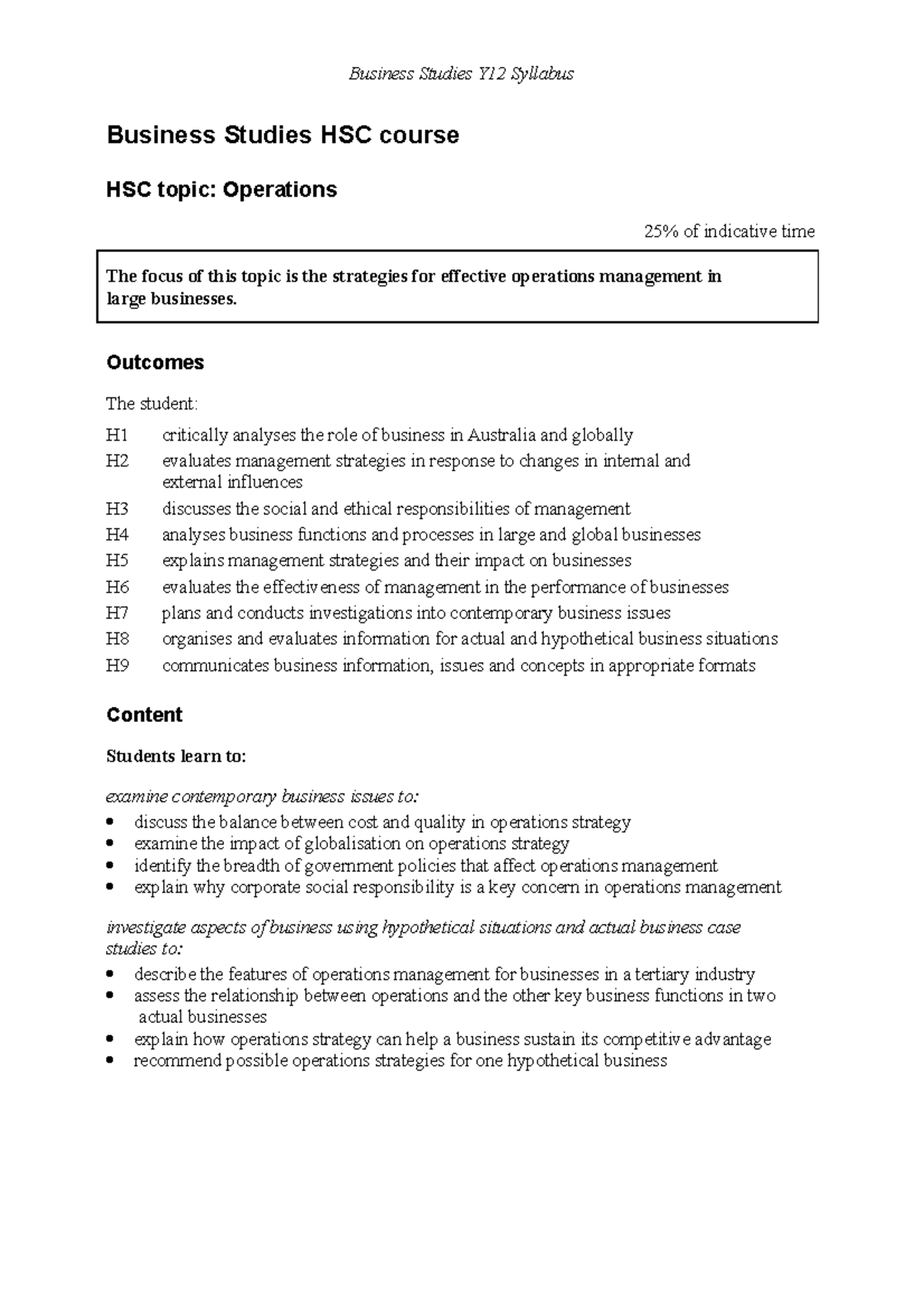 Business Syllabus - IMPORTANT - Business Studies HSC course HSC topic ...