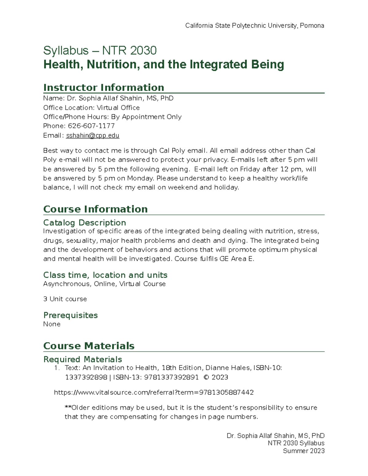 NTR 2030 Syllabus SAShahin Summer 2023 - Syllabus – NTR 2030 Health ...