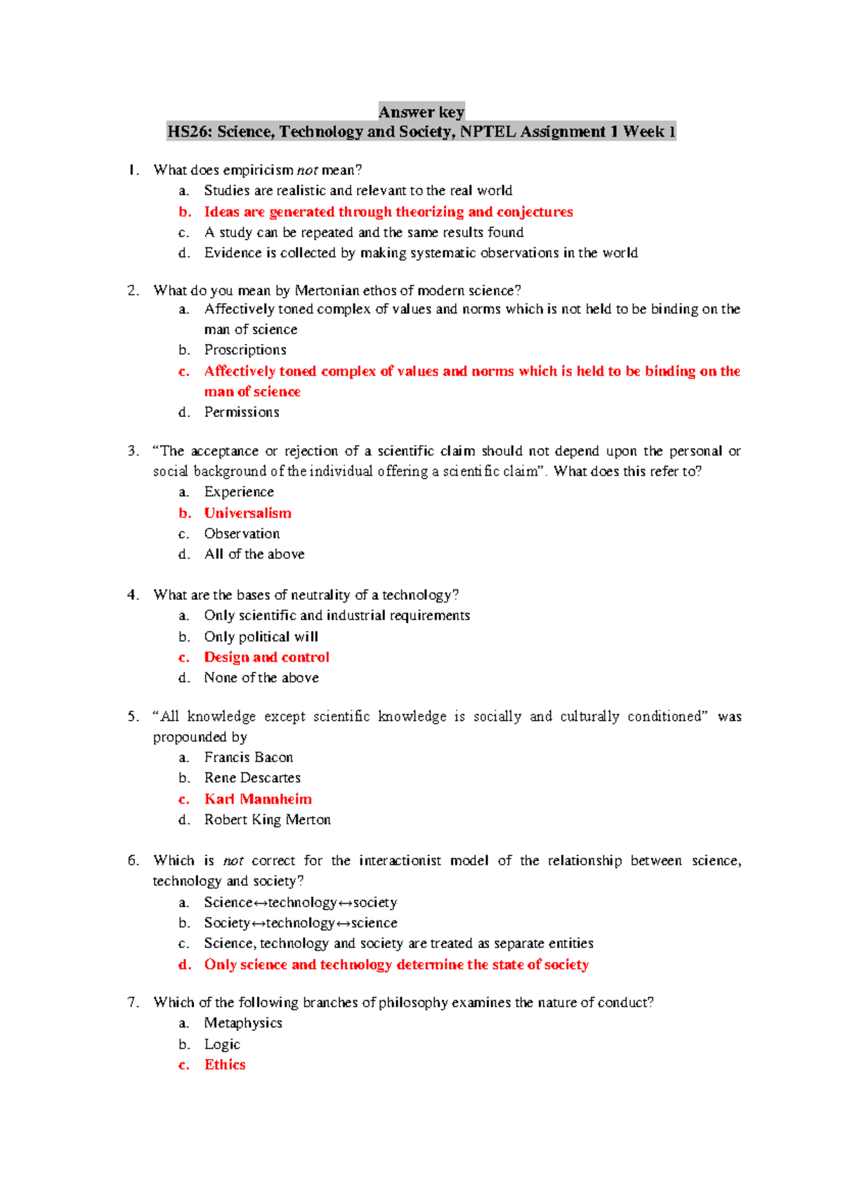 Week1-Assignment-solution for science Technolo - Answer key HS26 ...