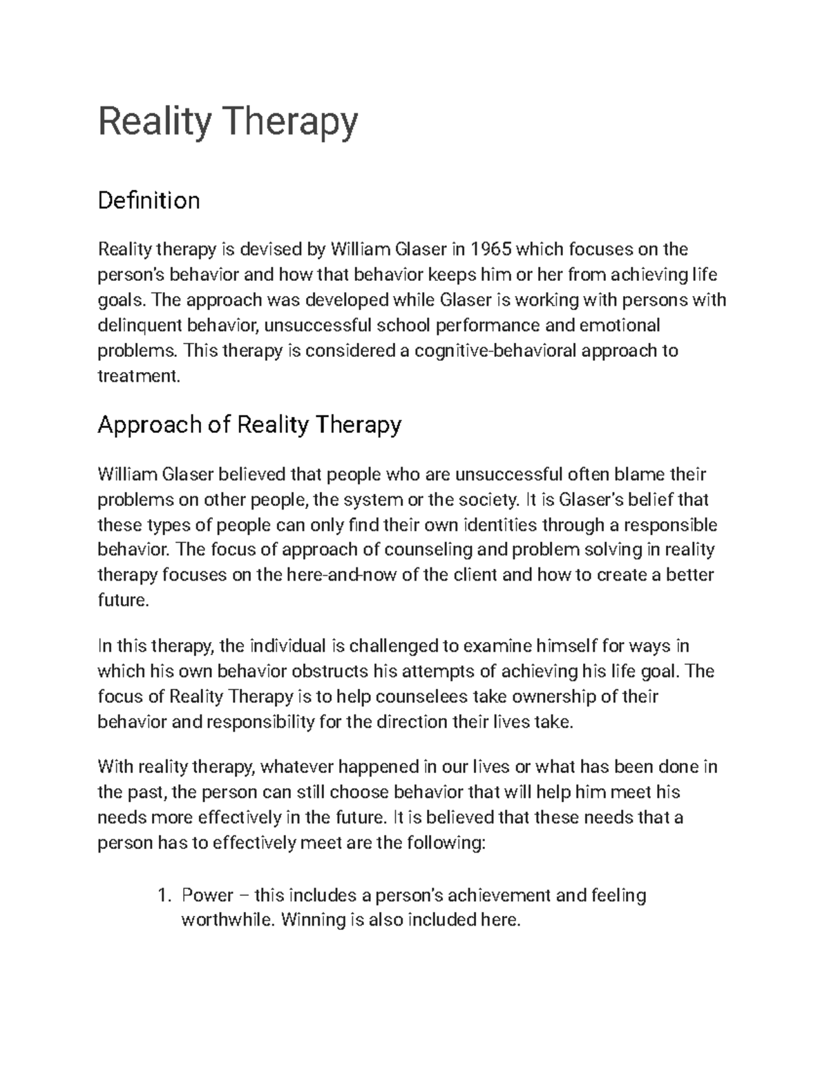 Reality Therapy - lecture notes - Reality Therapy Definition Reality ...