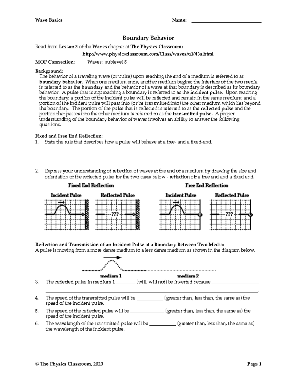 waves the physics classroom practice - Wave Basics Name: © The Physics Classroom, 20 20 Page 1 ...