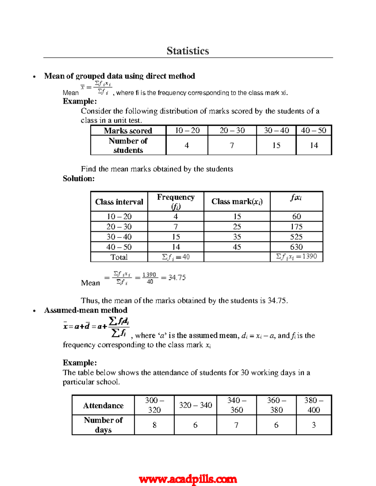 Statistics Visit Acadpills - Statistics Mean of grouped data using ...
