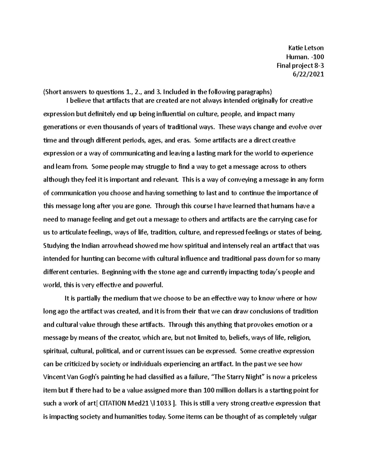 Hufinal 83 - This is my final essay for the course - Katie Letson Human ...
