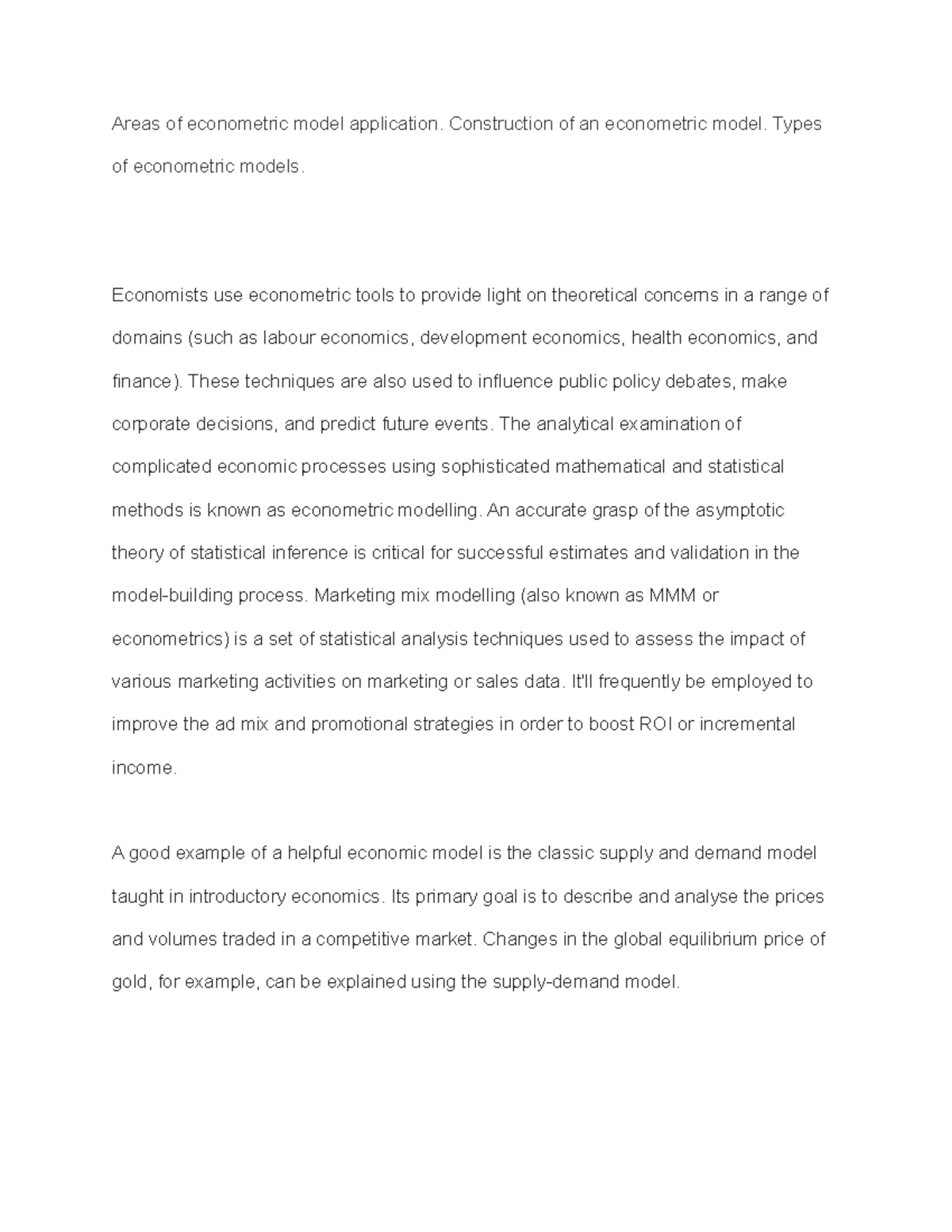 Areas of econometric model application - Construction of an econometric ...