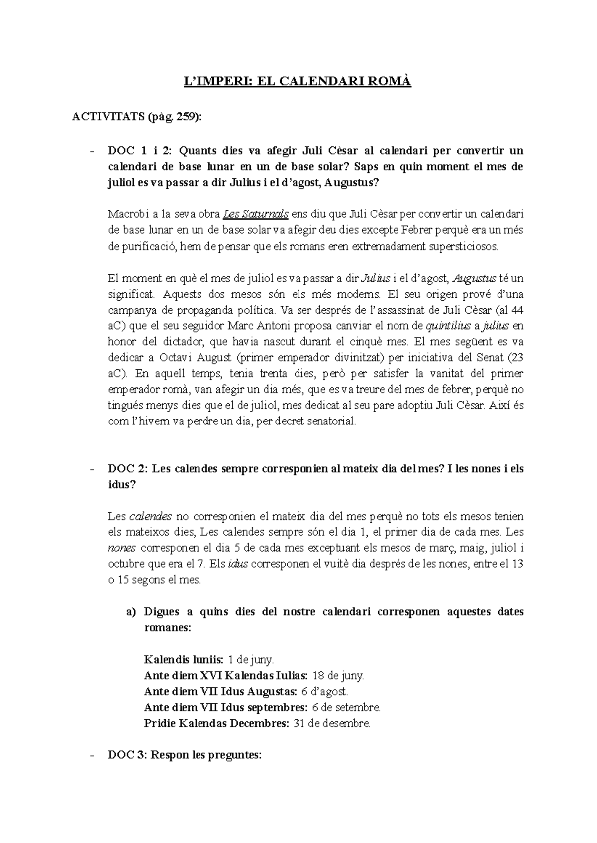 L’ Imperi EL Calendari ROMÀ - L’IMPERI: EL CALENDARI ROMÀ ACTIVITATS ...