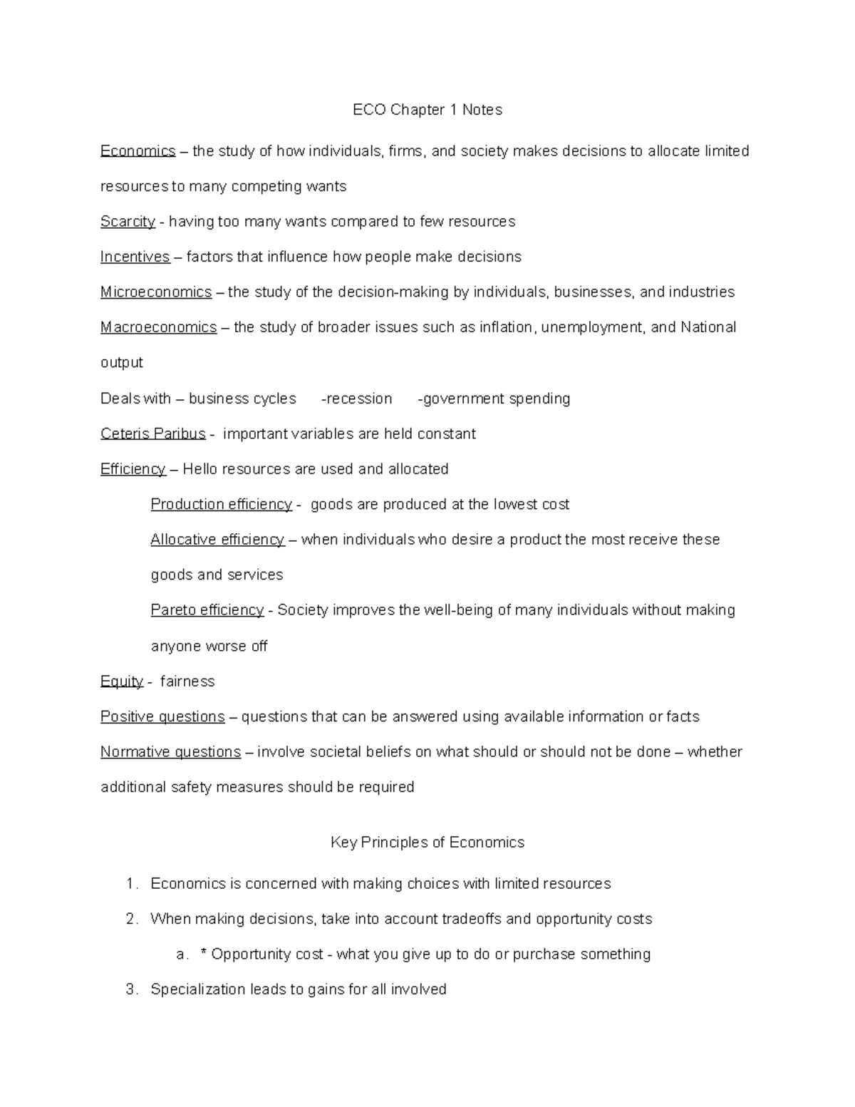 ECO Chapter 1 Notes - ECO Chapter 1 Notes Economics – the study of how ...