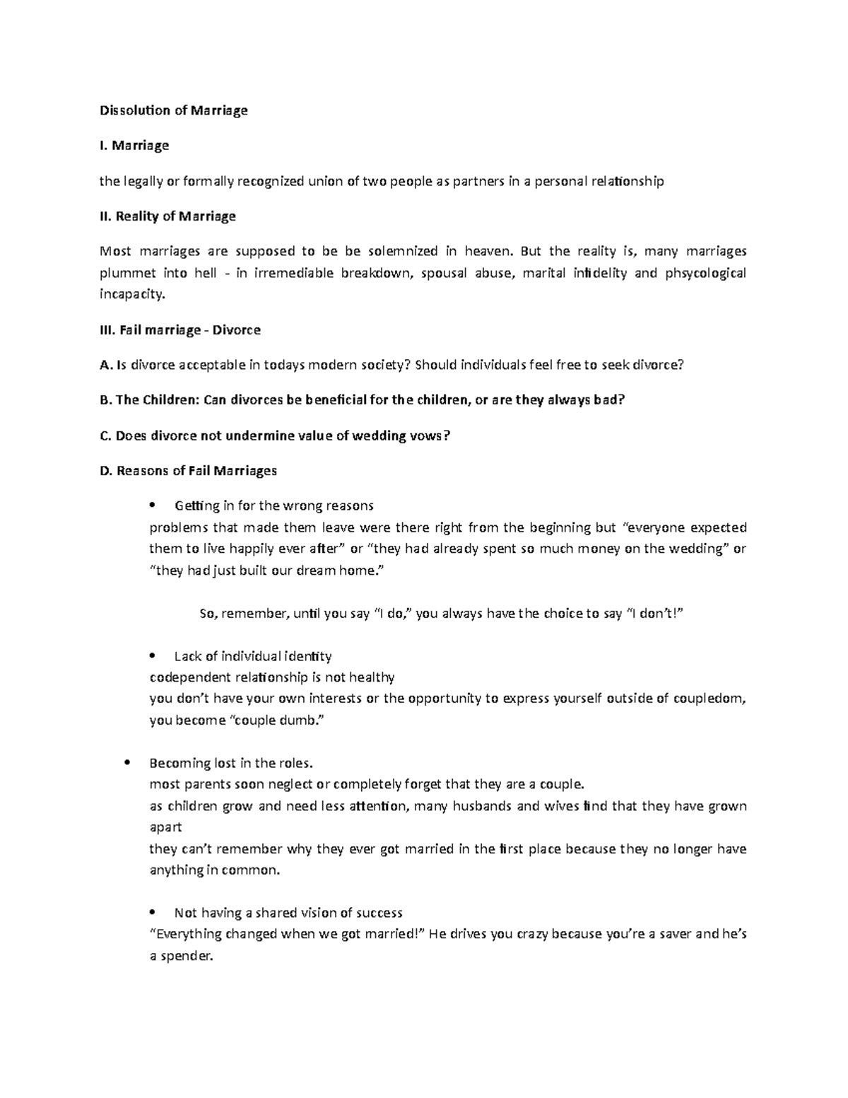 Dissolution-of-Marriage - Dissolution of Marriage I. Marriage the ...