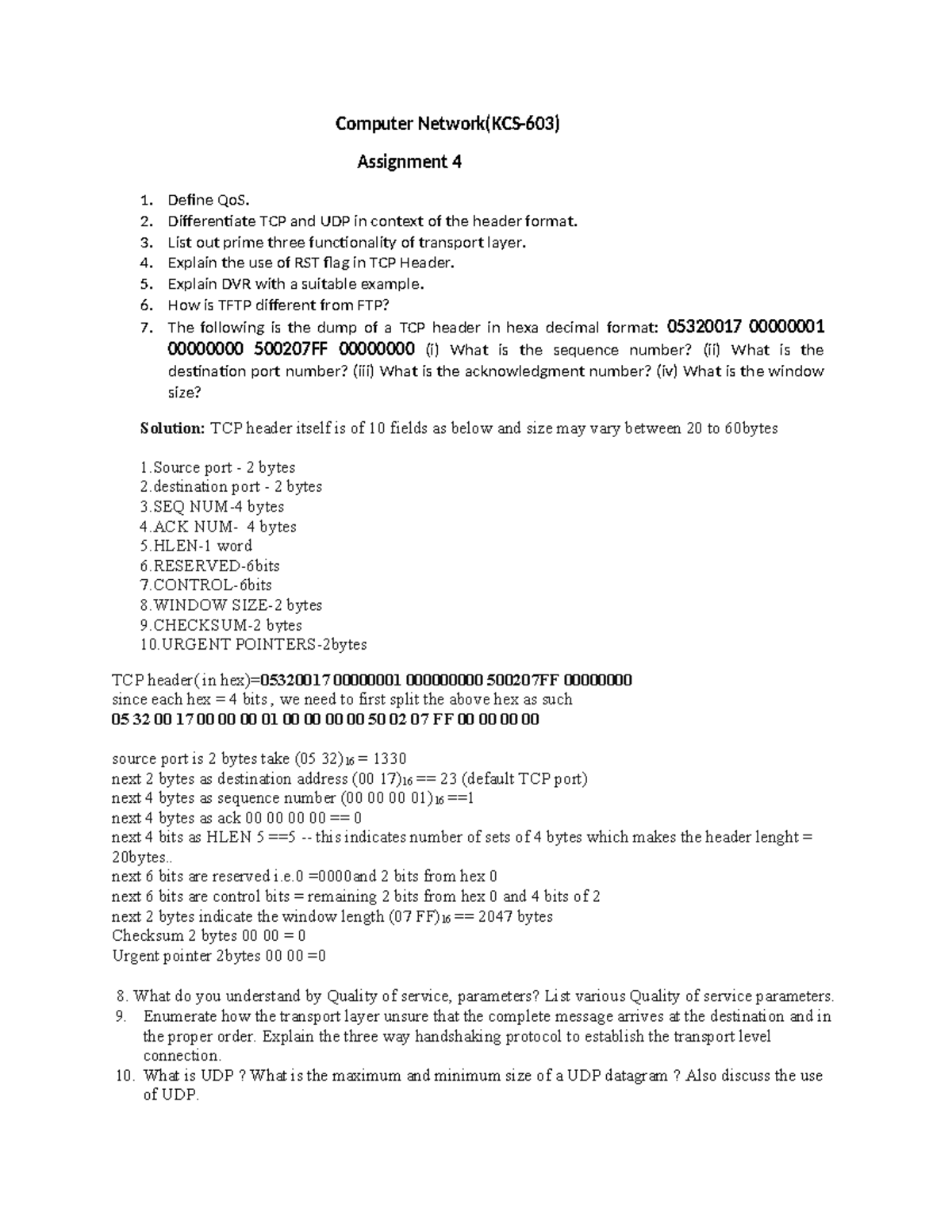CN Assignment 4 - lxncvzlk - Computer Network(KCS-603) Assignment 4 1 ...