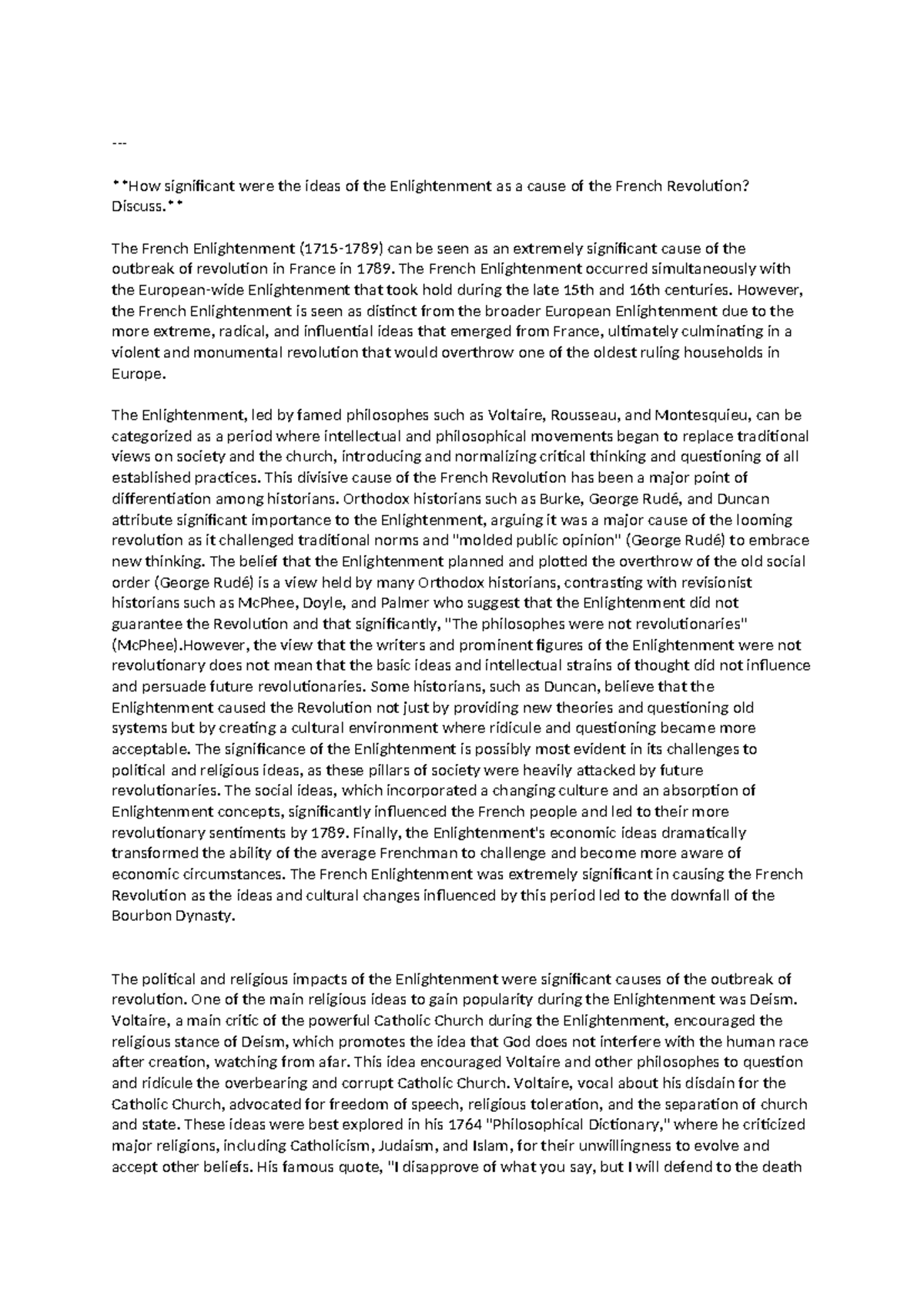Essay on Enlightenment (Cause of Rev) - How significant were the ideas ...