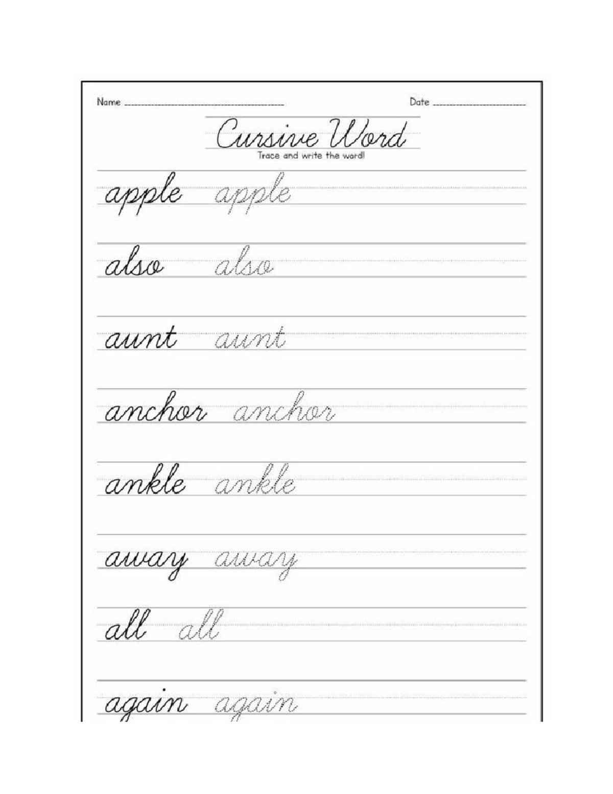 Cursive writing - for tutor support - Name Date Cursive Word Trace and ...