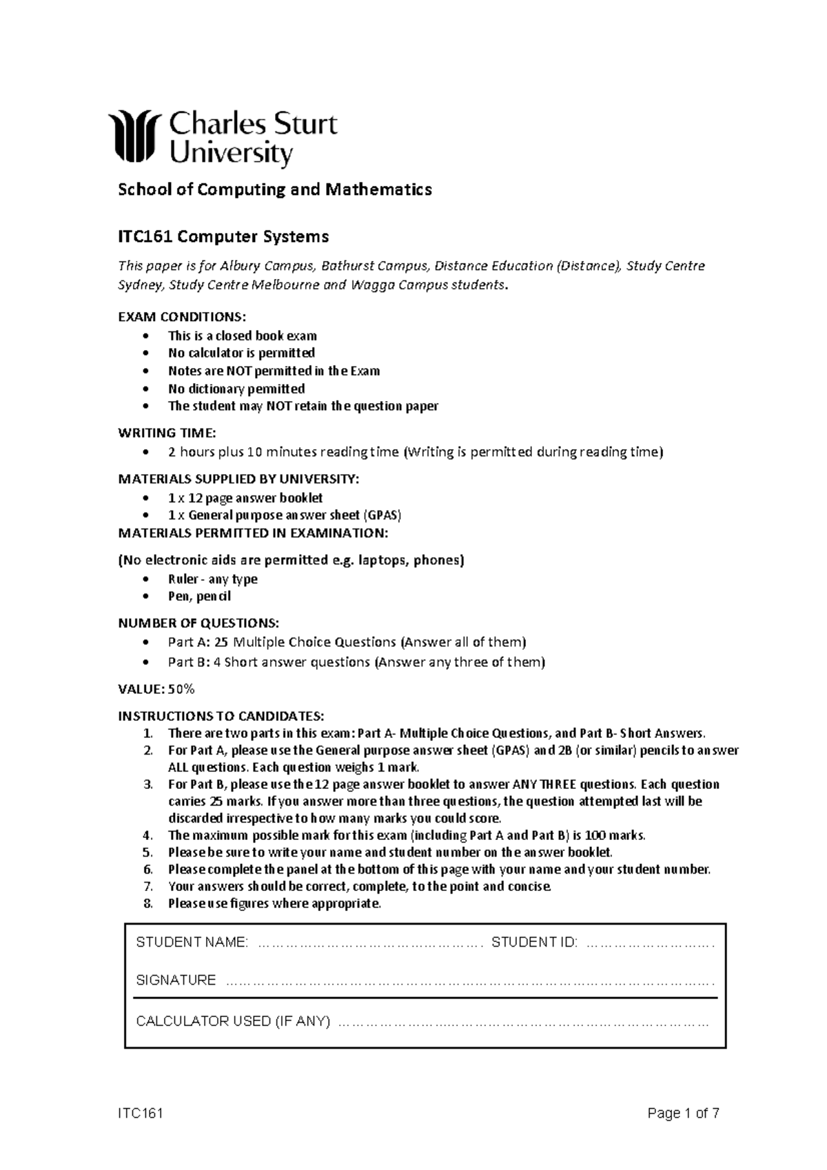 Sample/practice exam 13 March 2018, questions - School of Computing and ...