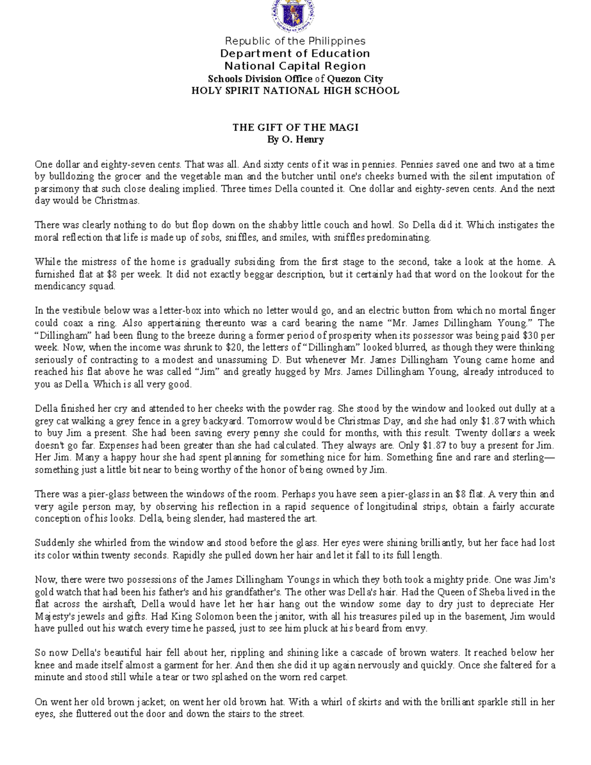 THE GIFT OF MAGI - Essay about the gift of magi - Republic of the ...