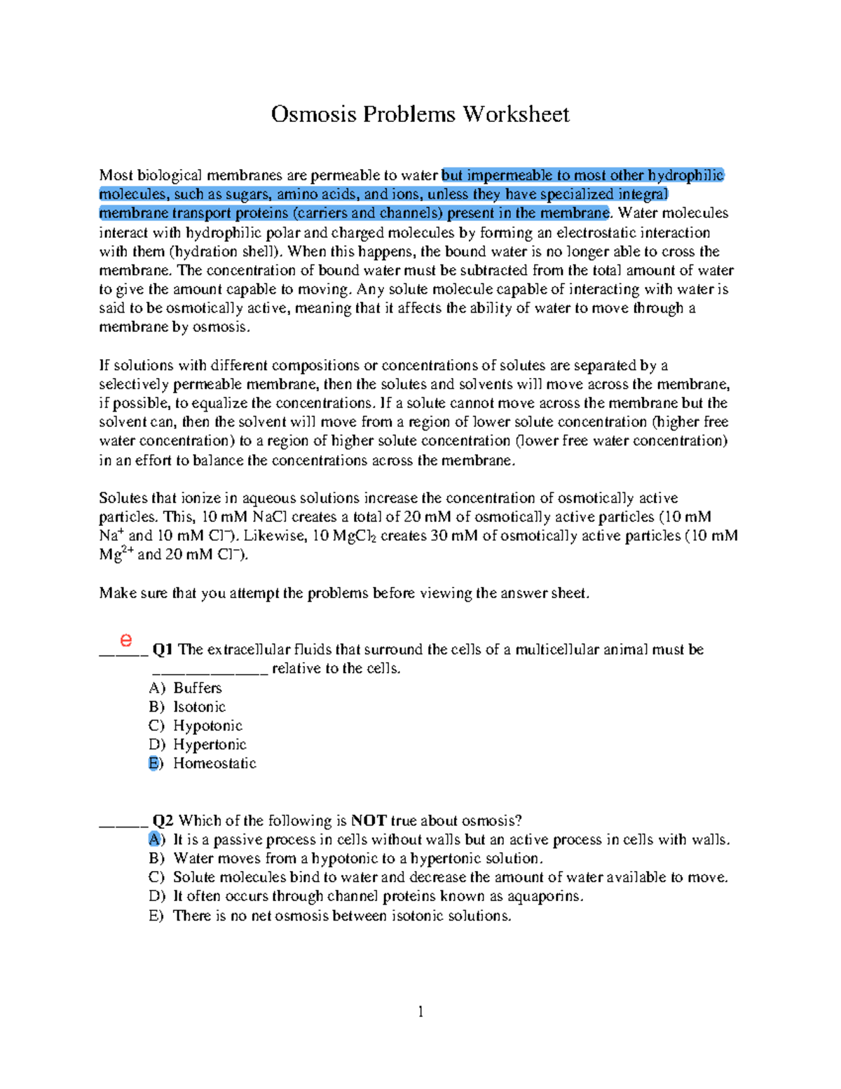Osmosis Problems Worksheet 2008 v1 - Osmosis Problems Worksheet Most ...