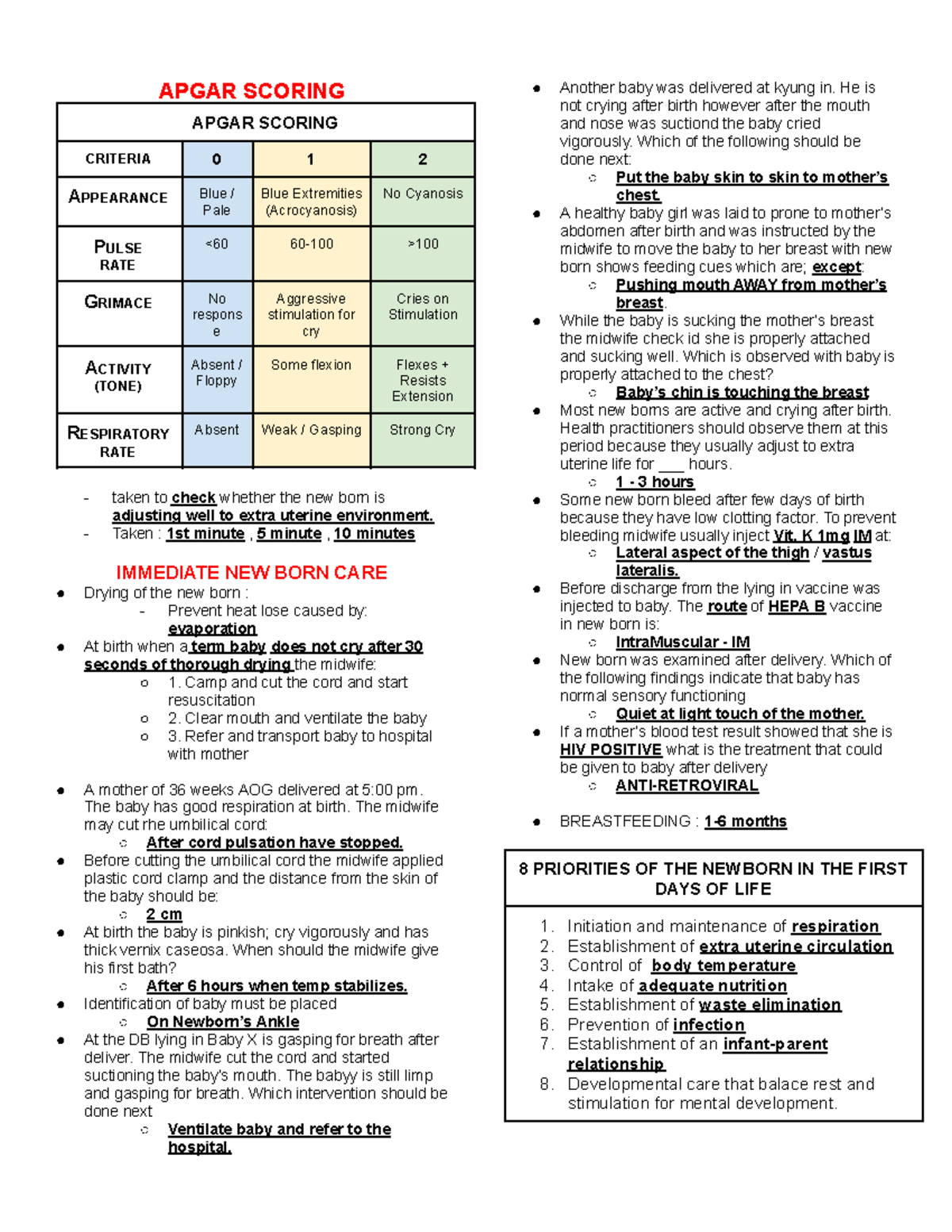 Pedia - Reviewer - APGAR SCORING APGAR SCORING CRITERIA 0 1 APPEARANCE ...