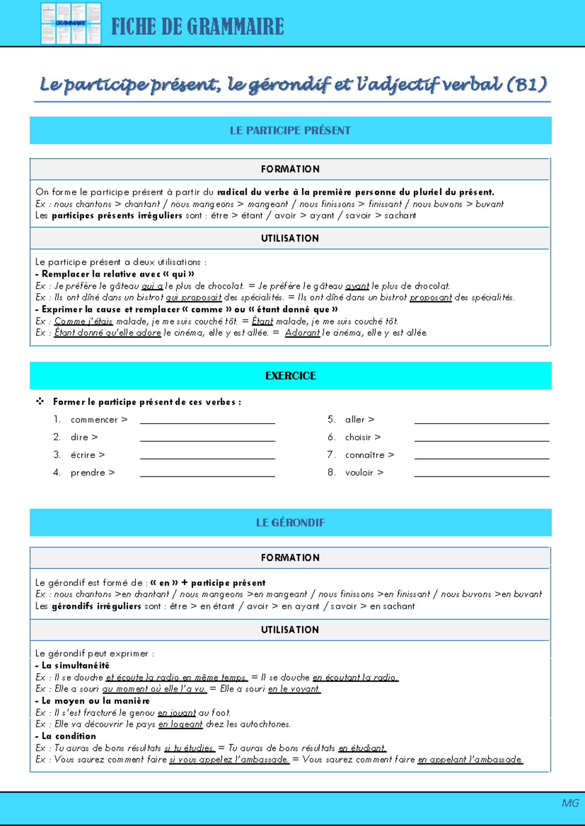 Participe Présent + Gérondif - FICHE DE GRAMMAIRE MG Le participe ...