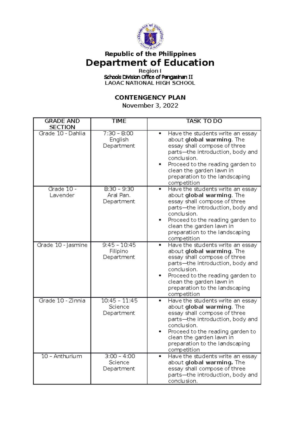 November 3, 2022 - Contingency plan - Republic of the Philippines ...