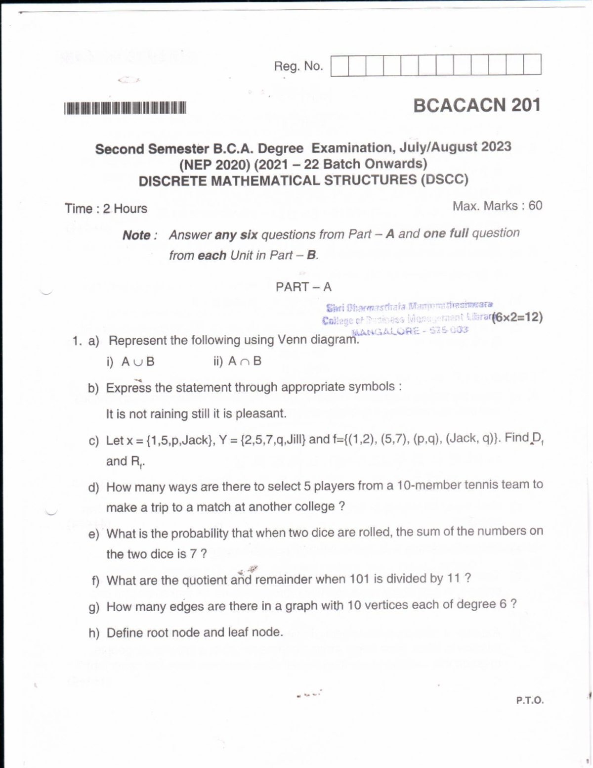 BCA II Semester Discrete Mathematical Structure NEP July 2023 - Reg. No ...