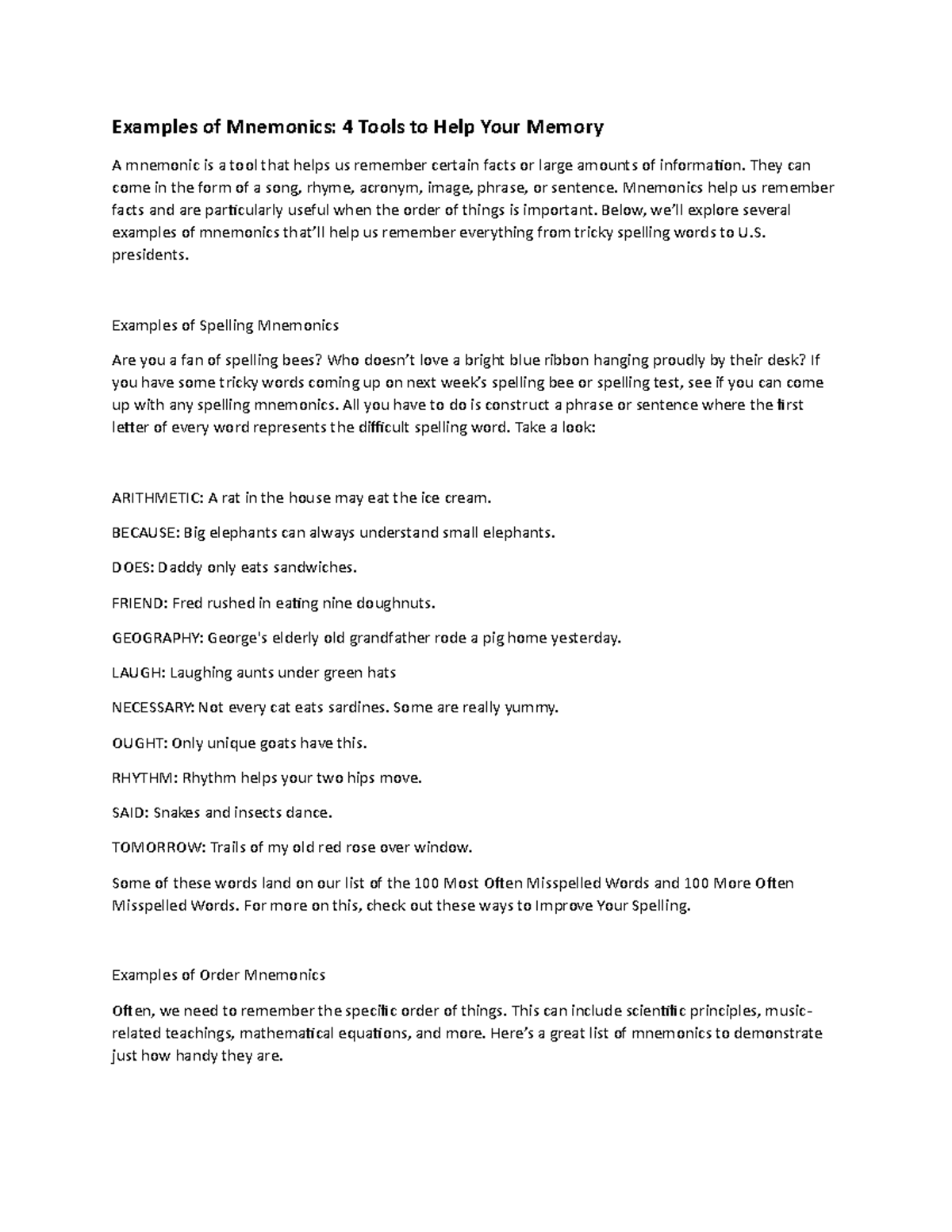 Examples of Mnemonics - They can come in the form of a song, rhyme ...