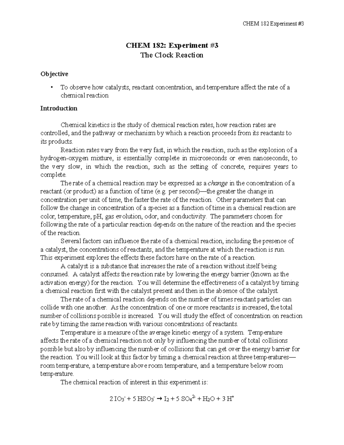 CHEM 182 The Clock Reaction - CHEM 182: Experiment The Clock Reaction ...