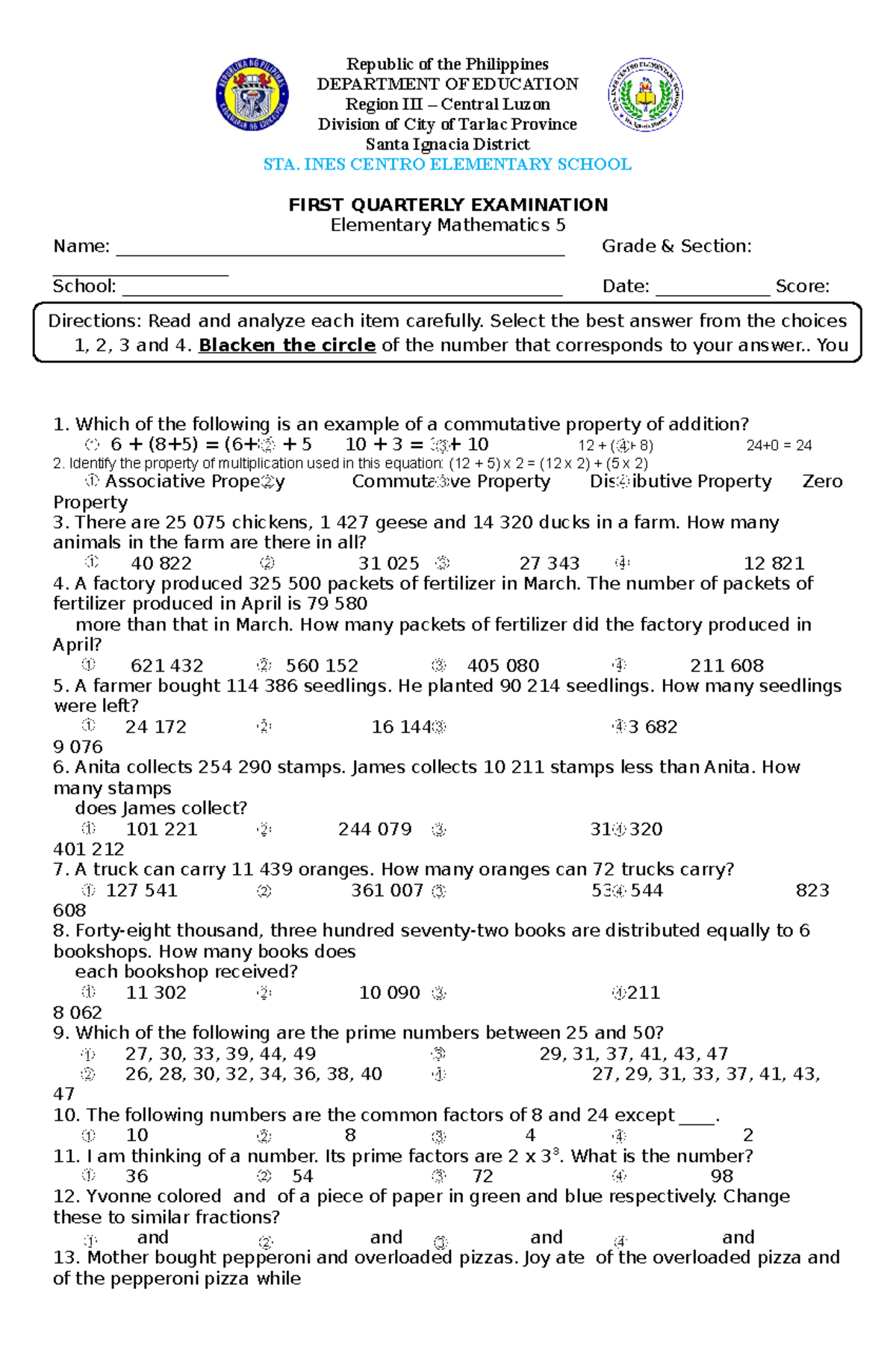 PT MATH 5 Quarter 1 - Republic of the Philippines DEPARTMENT OF ...