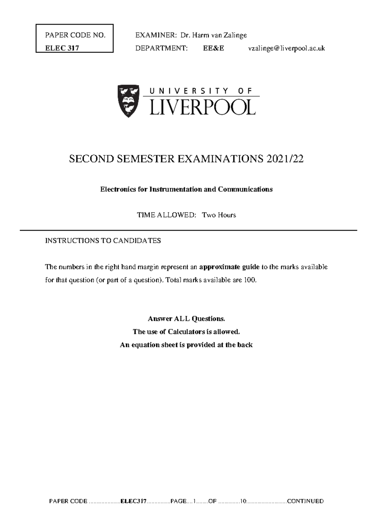 ELEC317 2nd Semester Exam Paper 2021-22 - Final - PAPER CODE NO. EXAMINER: Dr. Harm van Zalinge ...