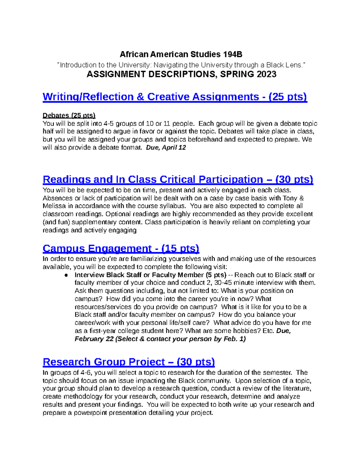 2. Assignment Descriptions & Grading Rubrics - Spring 2023 - African ...