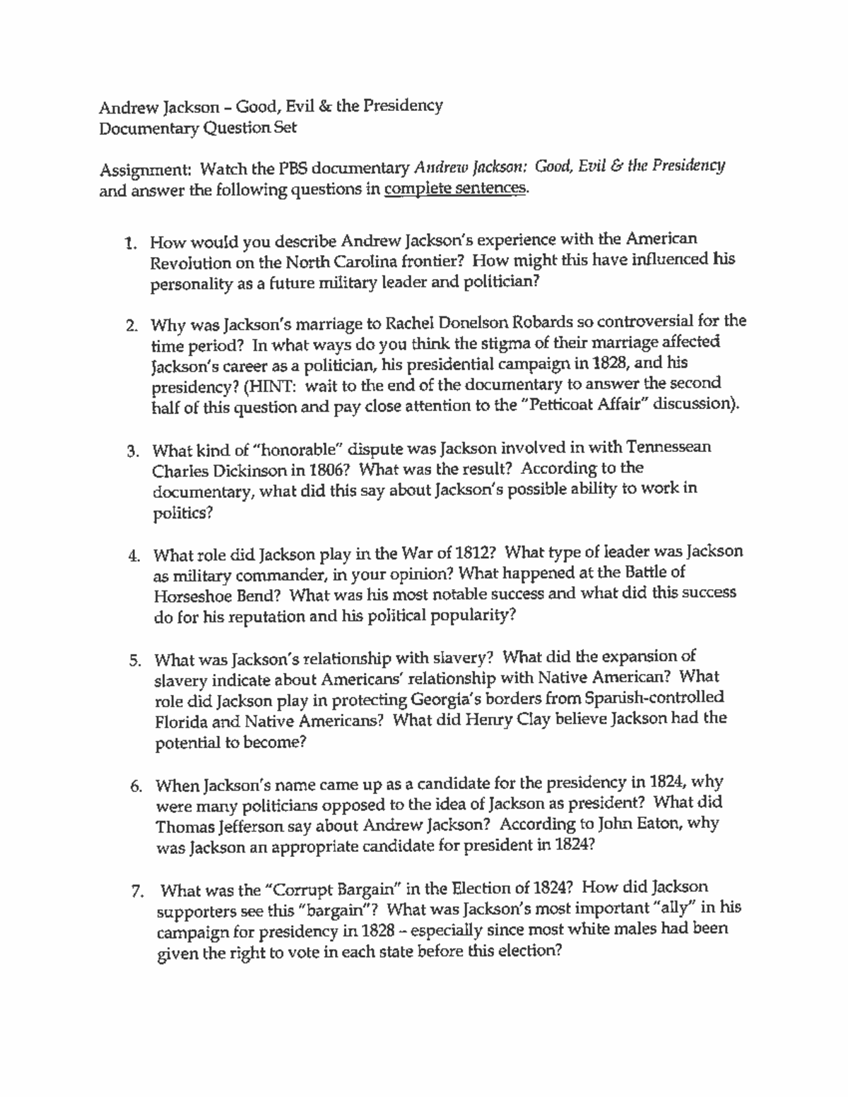 Andrew Jackson's Legacy Exercise - HIS 121 - Studocu