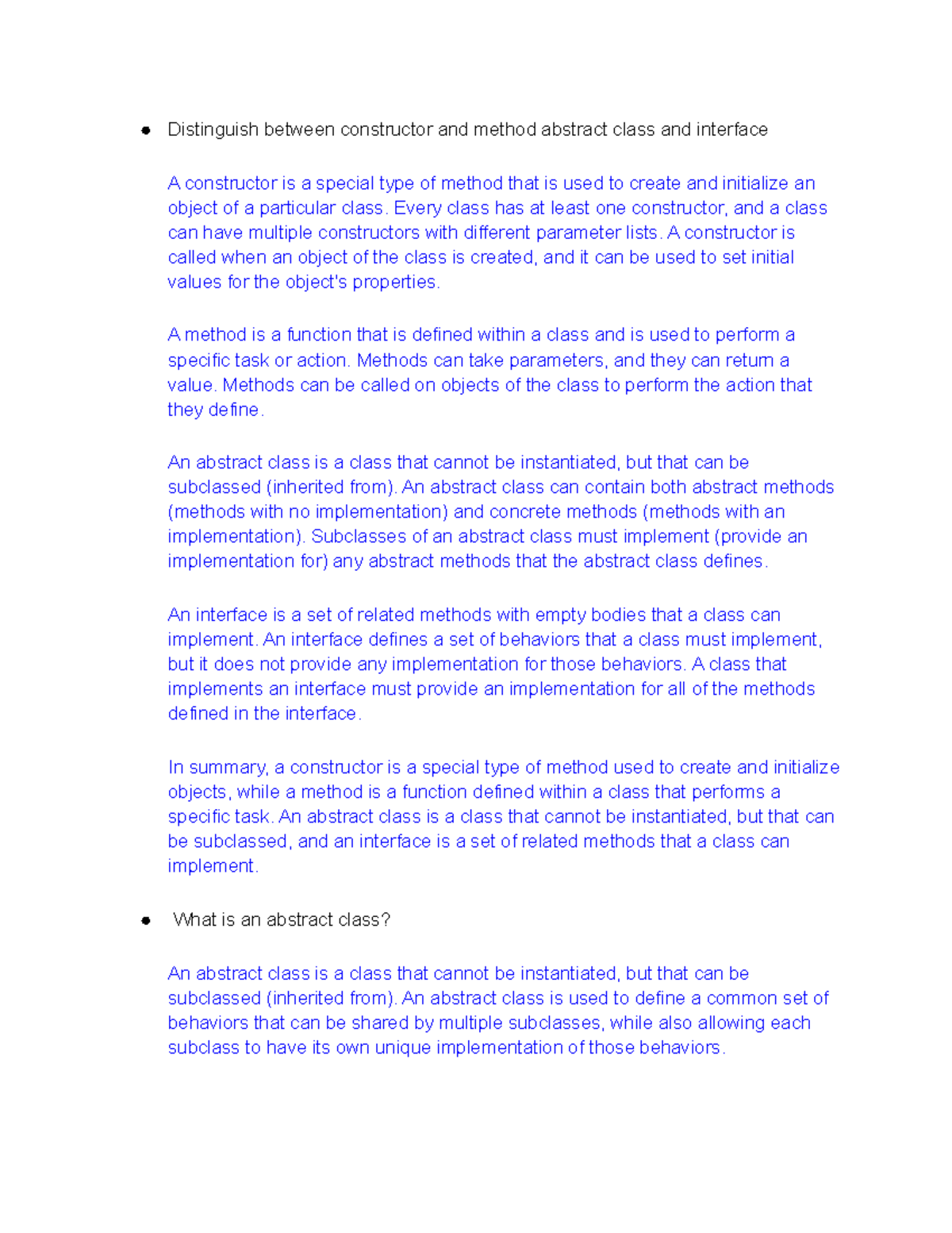Computer Science Notes Questions Distinguish Between Constructor And Method Abstract Class And