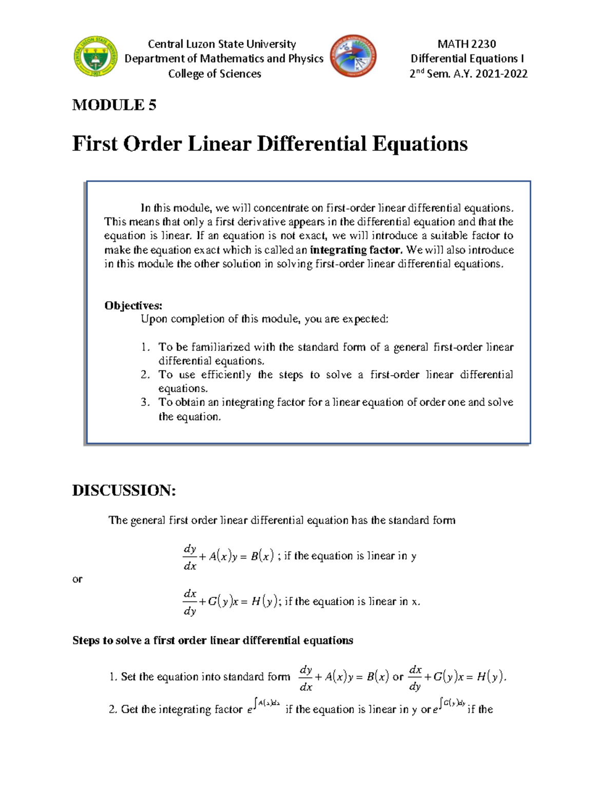 Module 5 - Department of Mathematics and Physics Differential Equations ...