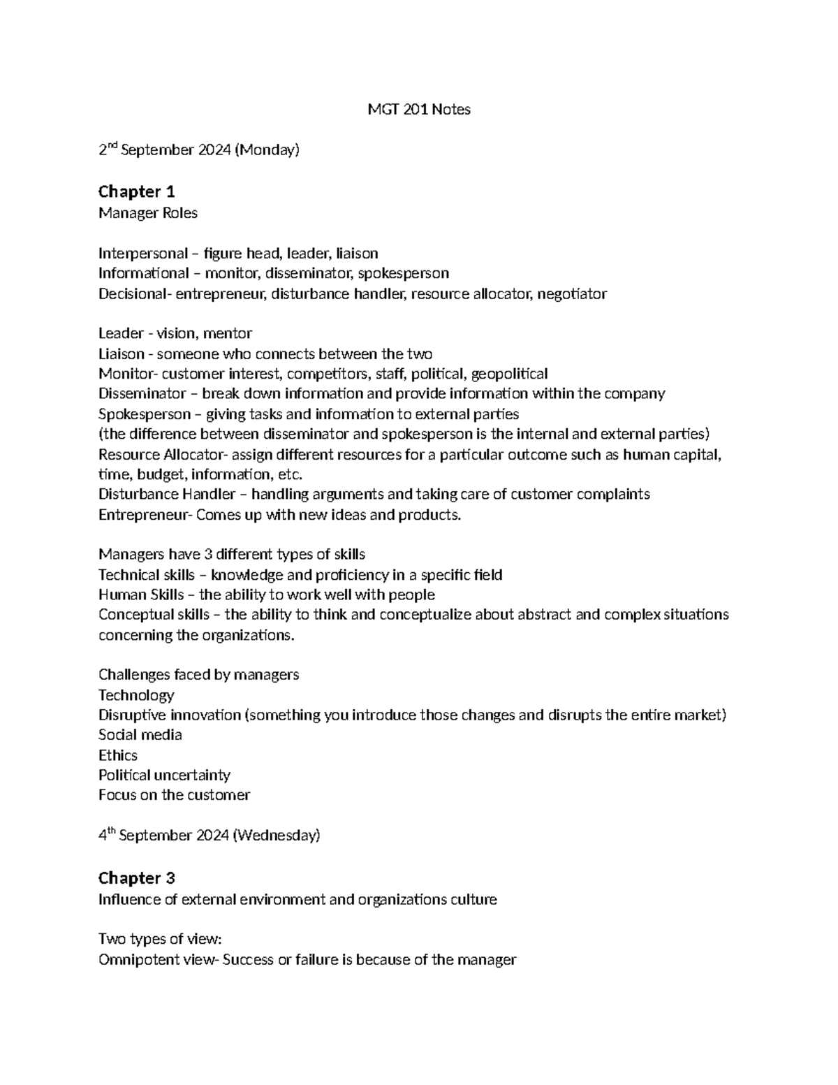 MGT 201 Notes - practice questions - MGT 201 Notes 2 nd September 2024 ...