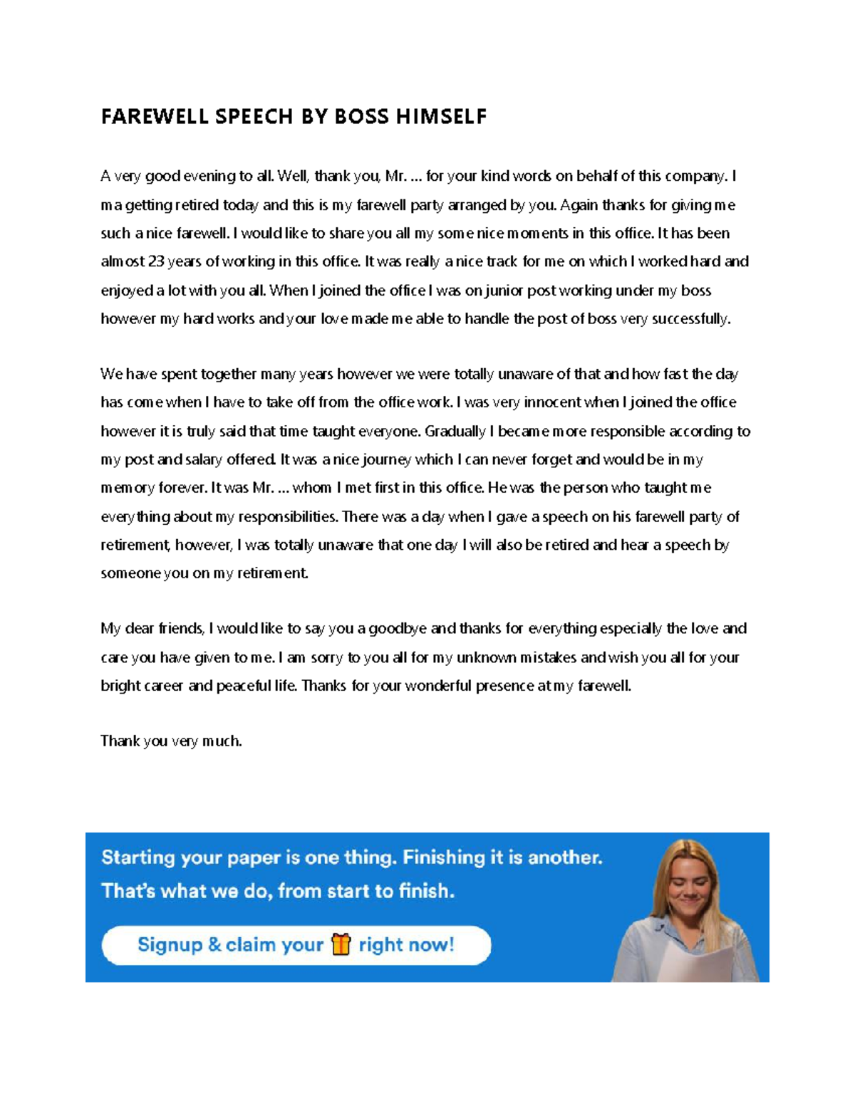 Sample farewell speech for colleagues - FAREWELL SPEECH BY BOSS HIMSELF ...