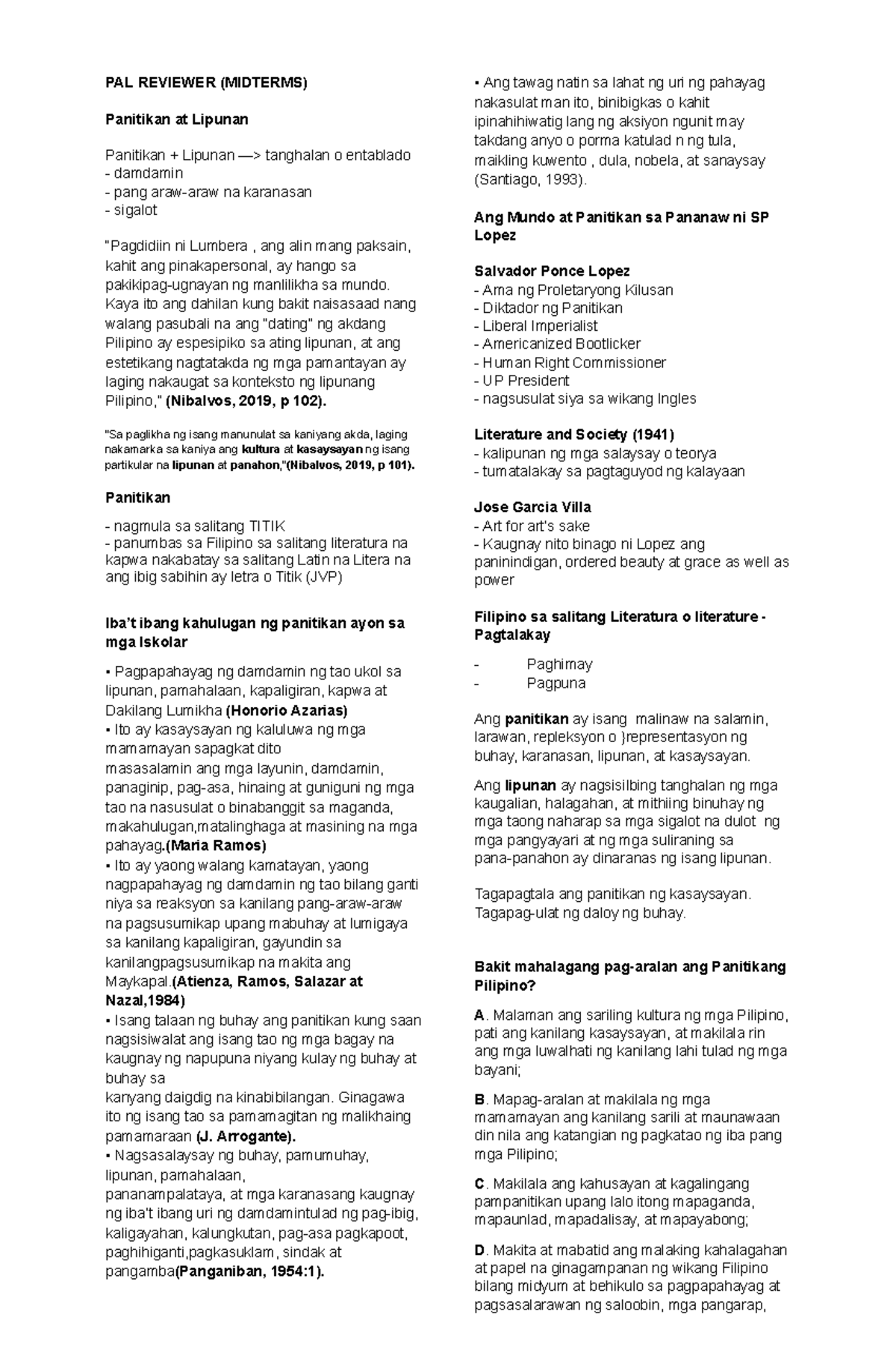 Pal-Midterms-Reviewer - PAL REVIEWER (MIDTERMS) Panitikan at Lipunan Panitikan + Lipunan ...