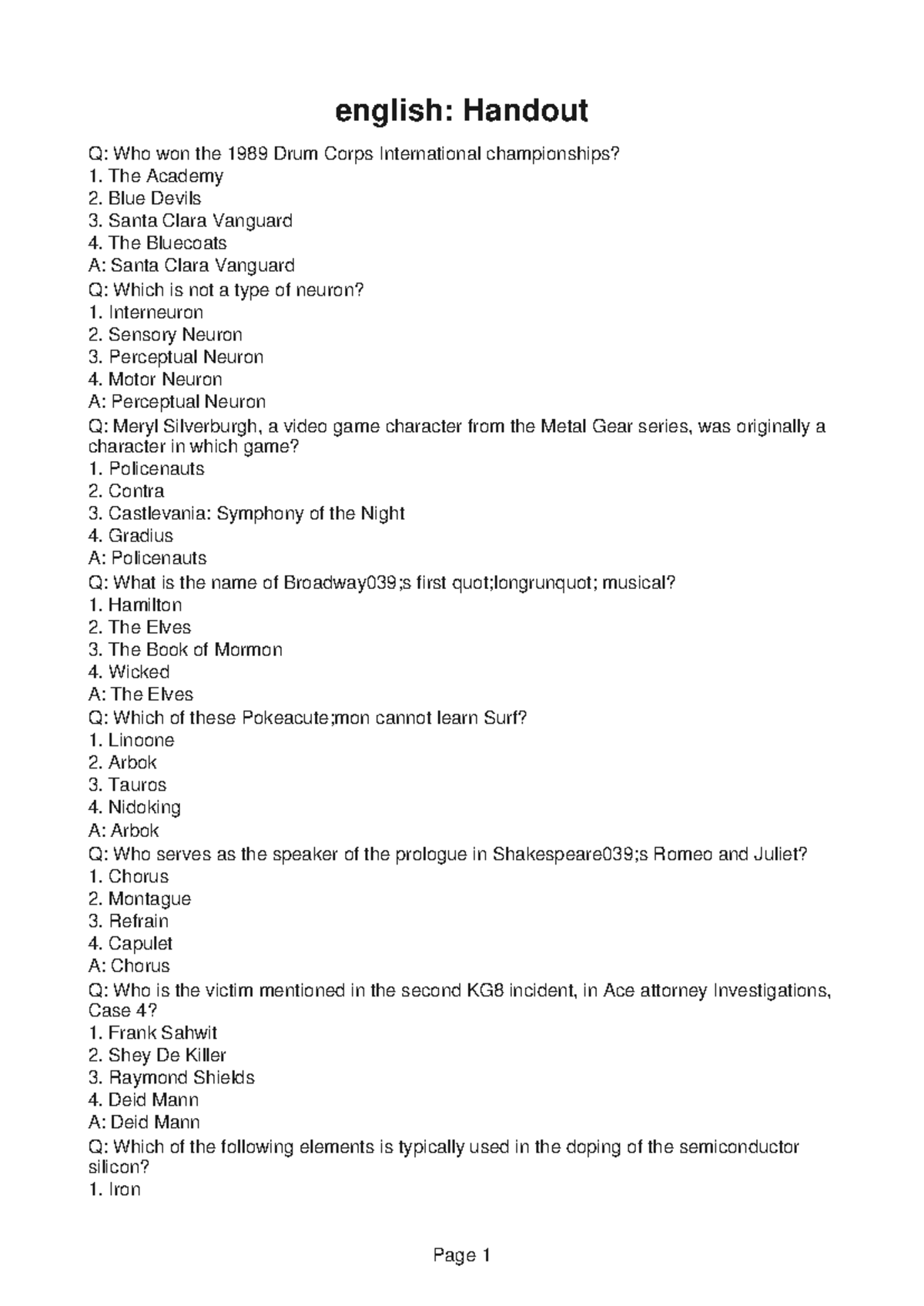 English Demonstration 3 - english: Handout Q: Who won the 1989 Drum ...