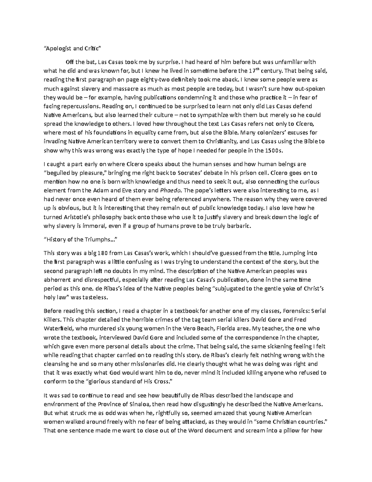 Reading Reflection 2 - “Apologist and Critic” Off the bat, Las Casas ...